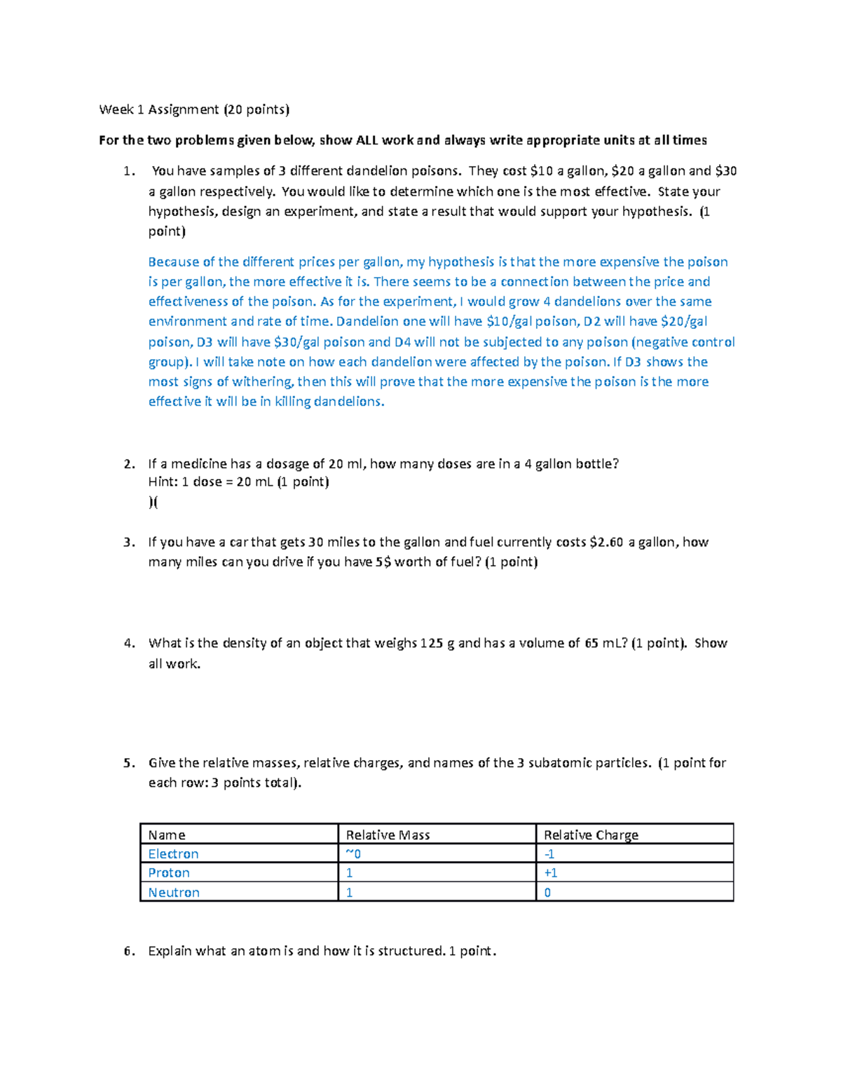 Week 1 Assignment - its a chem class - Week 1 Assignment (20 points ...