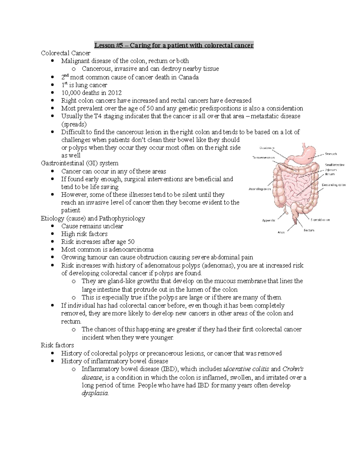 Midterm 2 Notes - Lesson #5 – Caring for a patient with colorectal ...