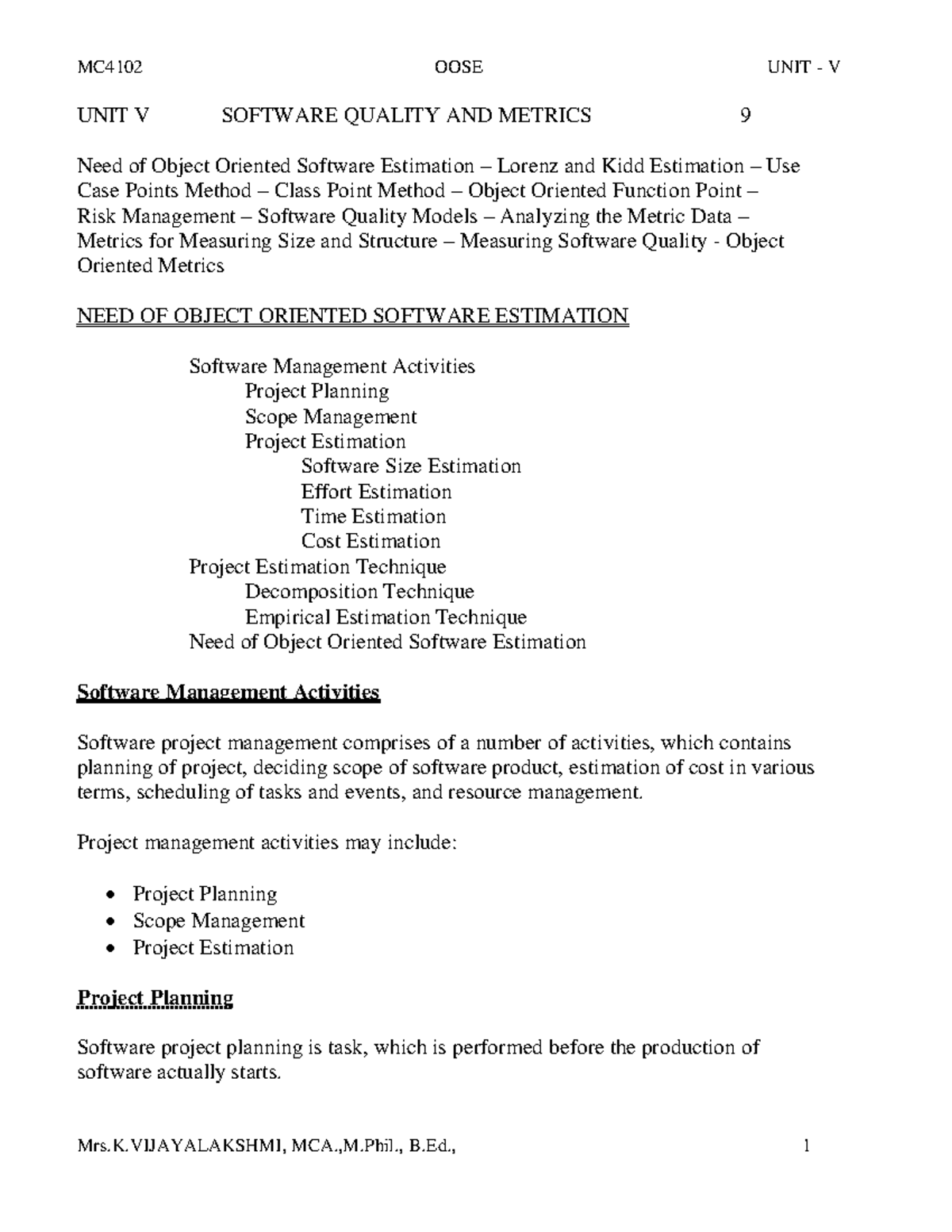 Mc4102 Oose Unit 5 Kvl Notes Unit V Software Quality And Metrics 9 Need Of Object Oriented