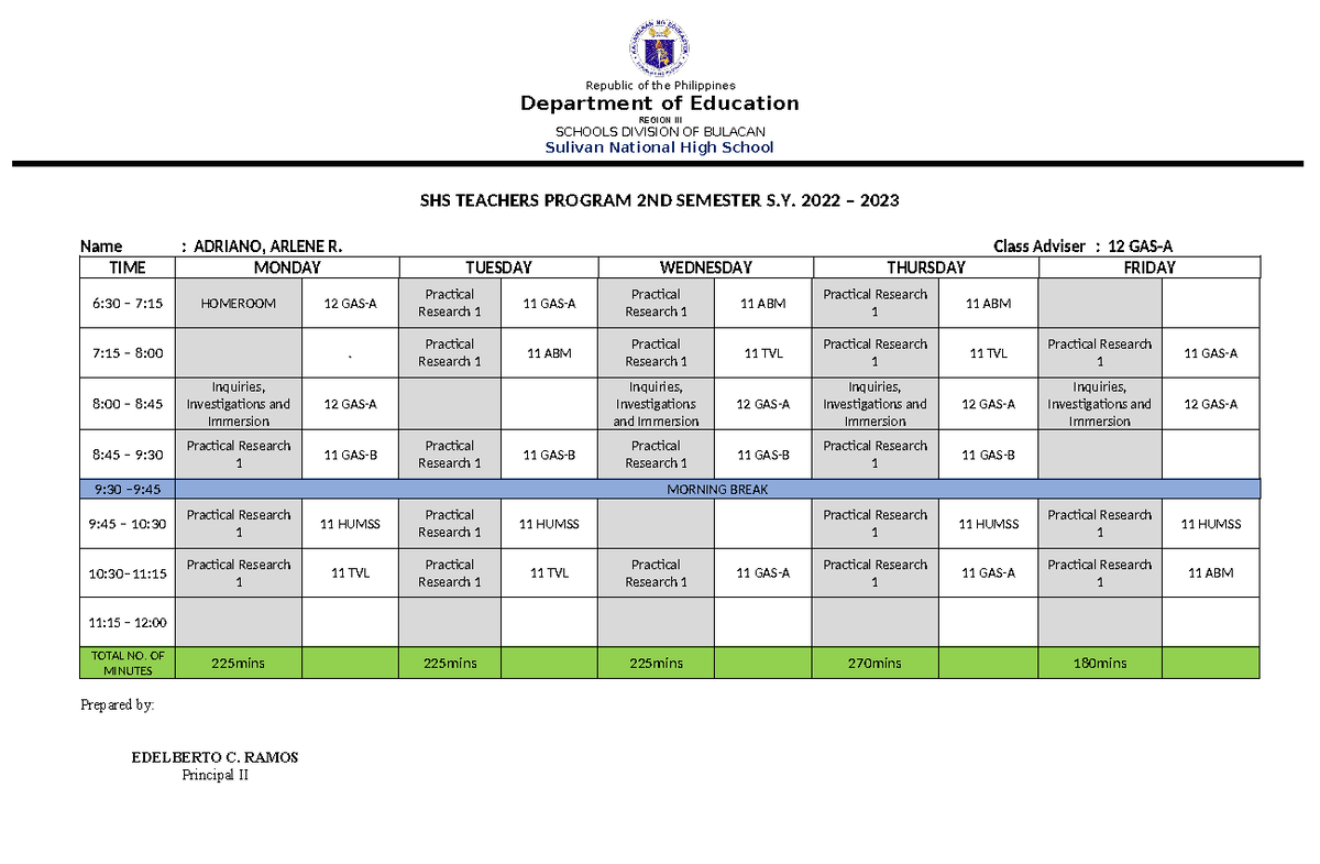 Class Schedule 2ND SEM Teachers NEW Shifting 45MINS 6 30 - Department ...