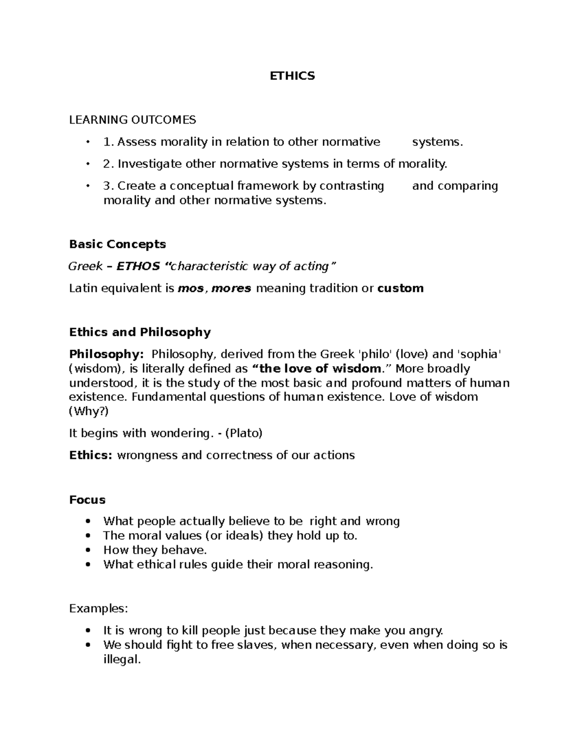 Ethics Morality AND Normative - ETHICS LEARNING OUTCOMES Assess ...