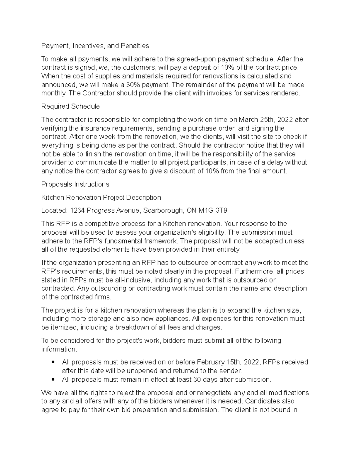 RFP - Kitchen rennovation - Payment, Incentives, and Penalties To make ...