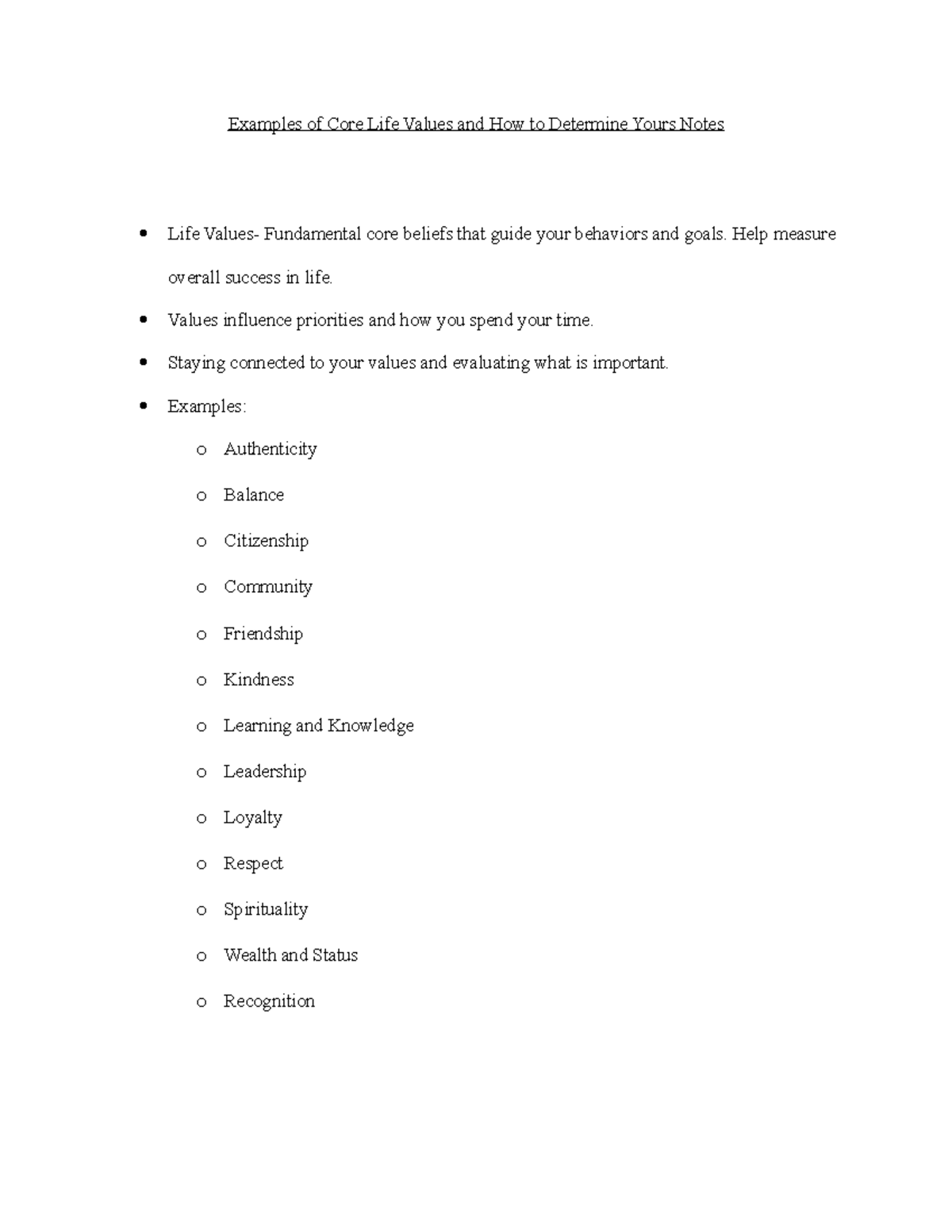 Week 2 Notes - Examples of Core Life Values and How to Determine Yours ...