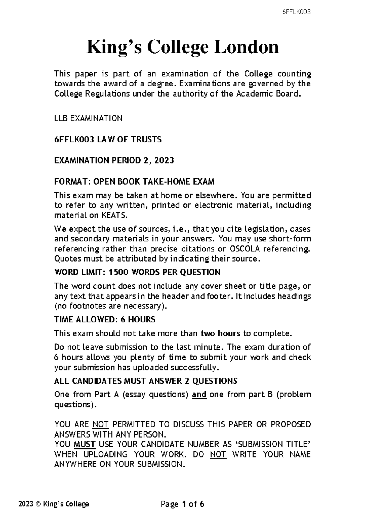 Law of Trusts Exam Questions, 2022-2023 - 2023 © King’s College Page 1 ...