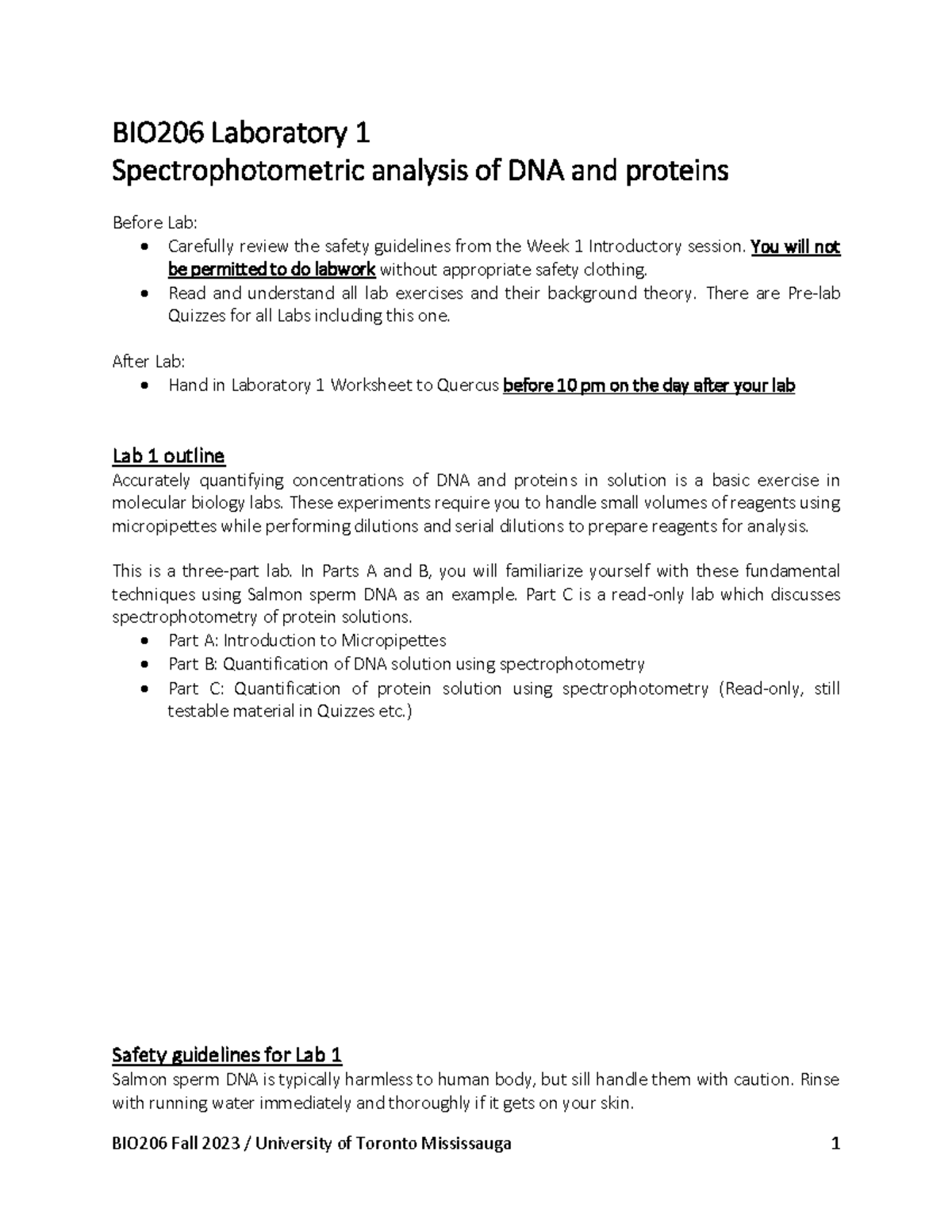 BIO206 Lab 1 - Biology - BIO 206 Laboratory 1 Spectrophotometric analysis of DNA and proteins ...