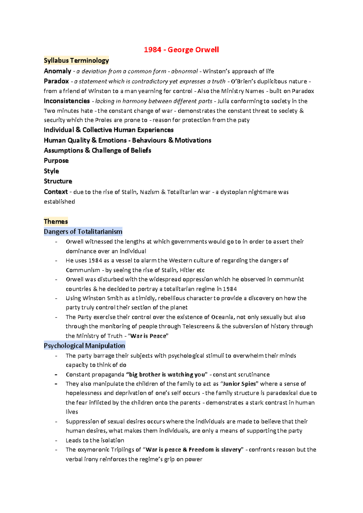 Detailed Note on 1984 - Common Module Texts and Human Experiences ...