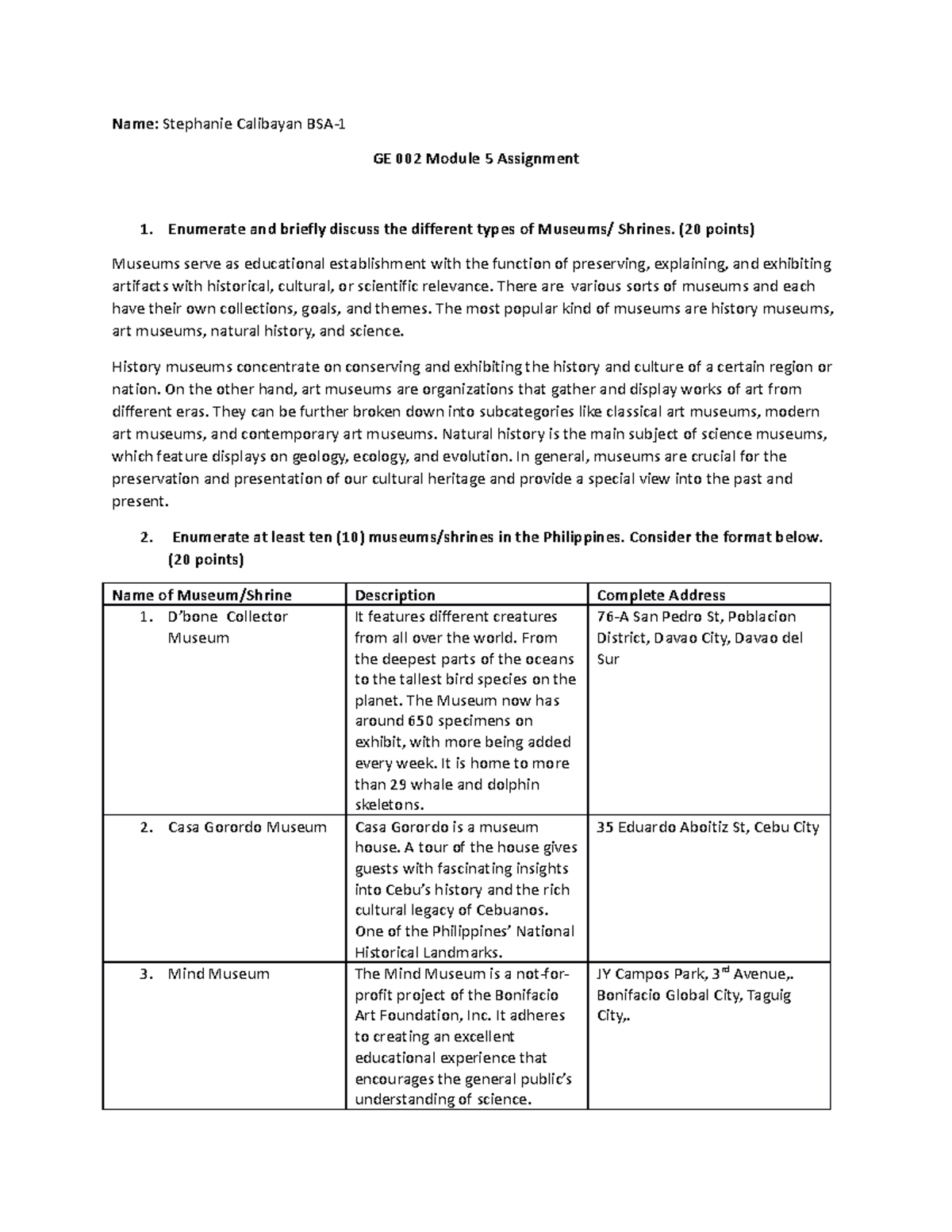 GE 002 Module 5 Assignment - Name: Stephanie Calibayan BSA- GE 002 Module 5 Assignment Enumerate ...