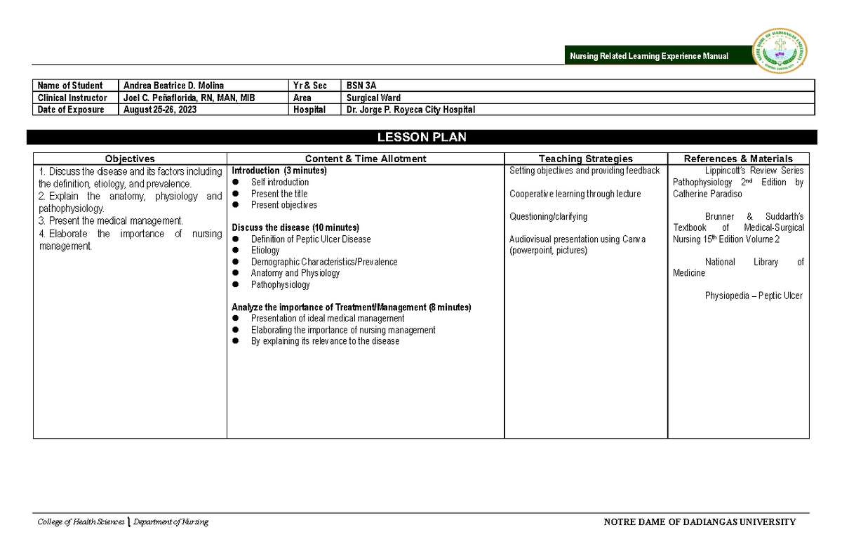 Ang Lesson PLAN PUD - peptic ulcer - Nursing Related Learning ...