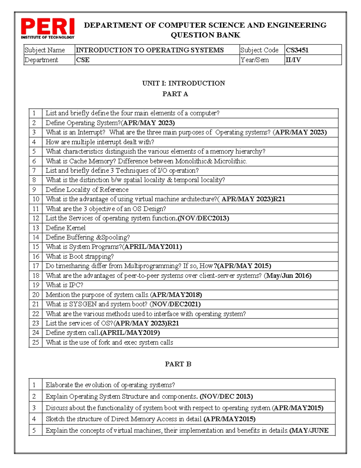 CS3451 OS QB(updated 1-5) - QUESTION BANK UNIT I: INTRODUCTION PART A 1 List and briefly define ...
