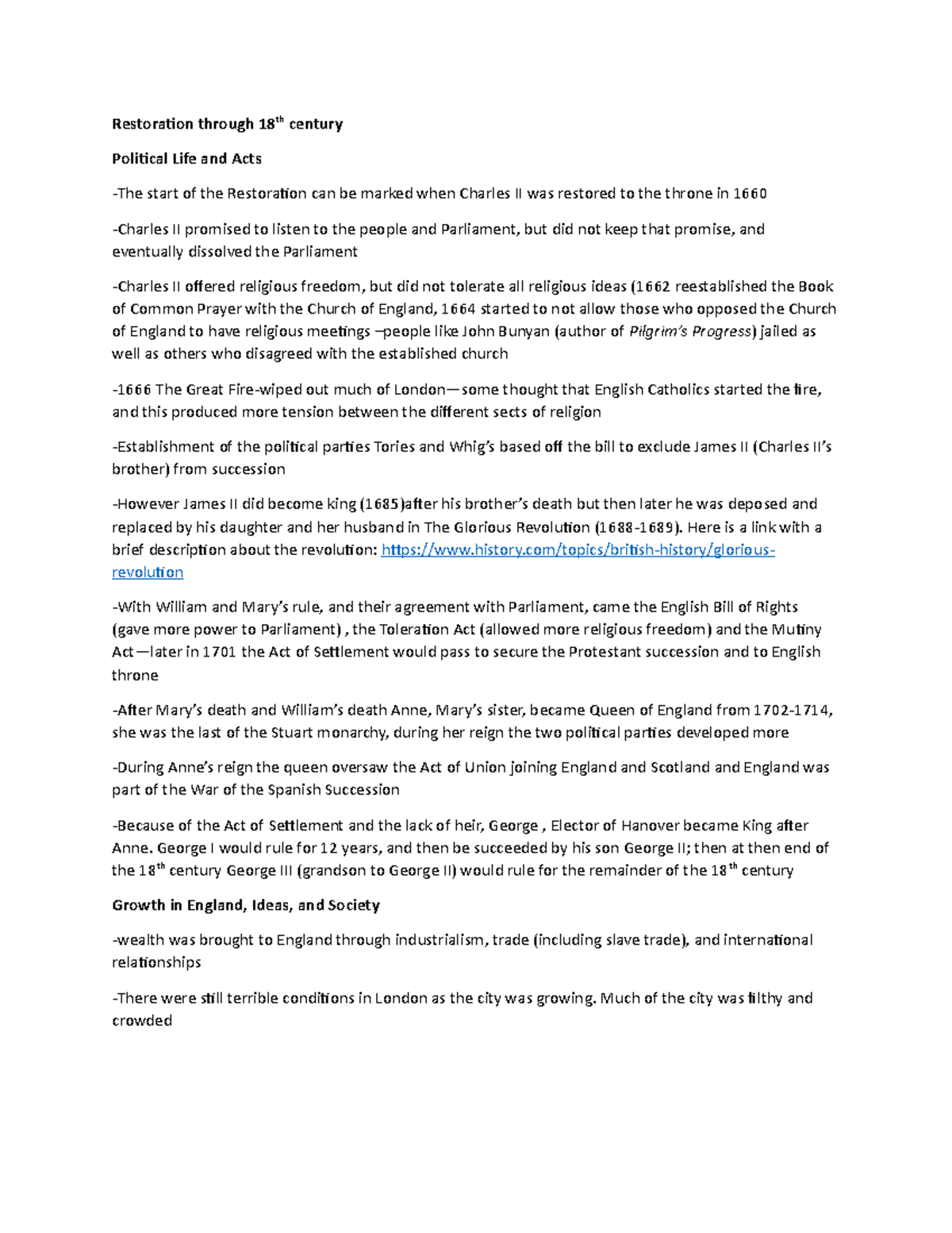 Notes for Restoration through Eighteenth Century - Restoration through ...