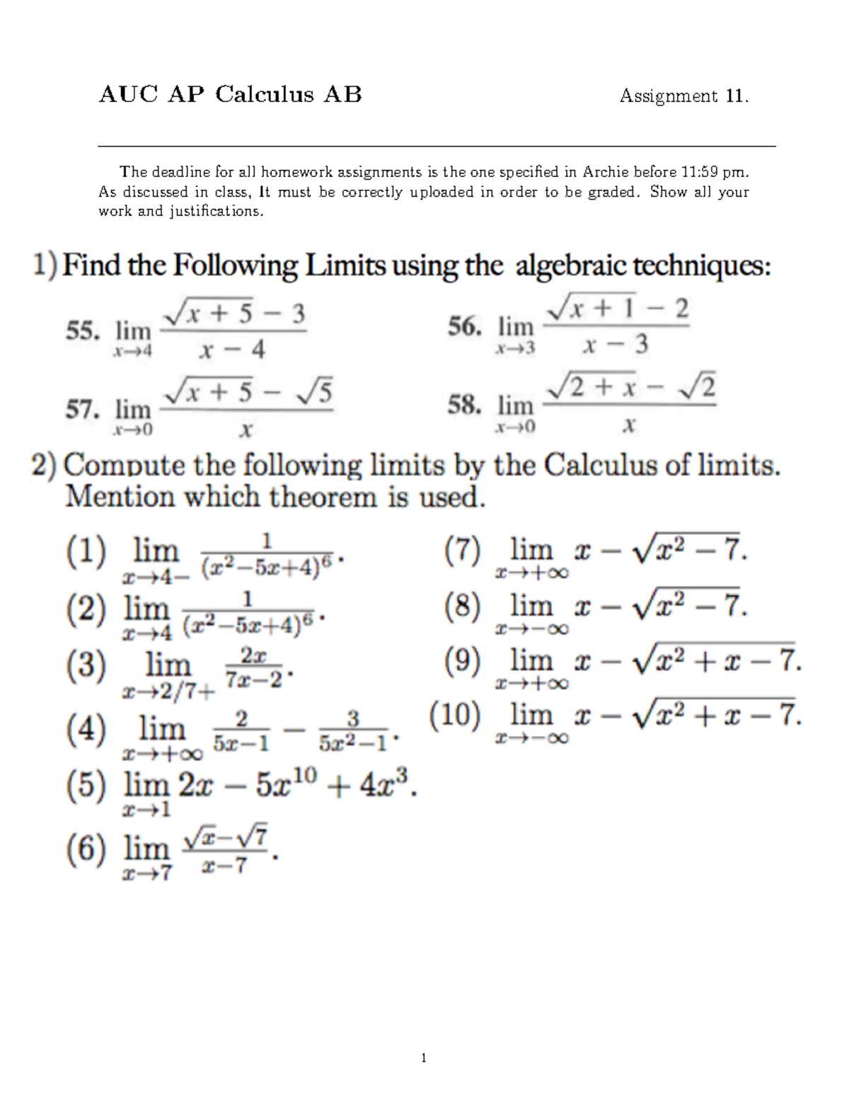 M7X-Assignment 11 (16-17) 2 - AUC AP Calculus AB Assignment 11. The ...