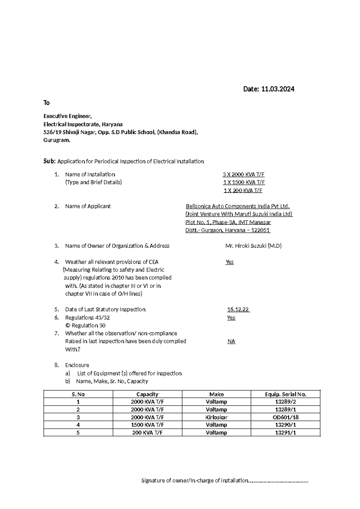Electrical Inspection Sheet - Date: 11. To Executive Engineer ...