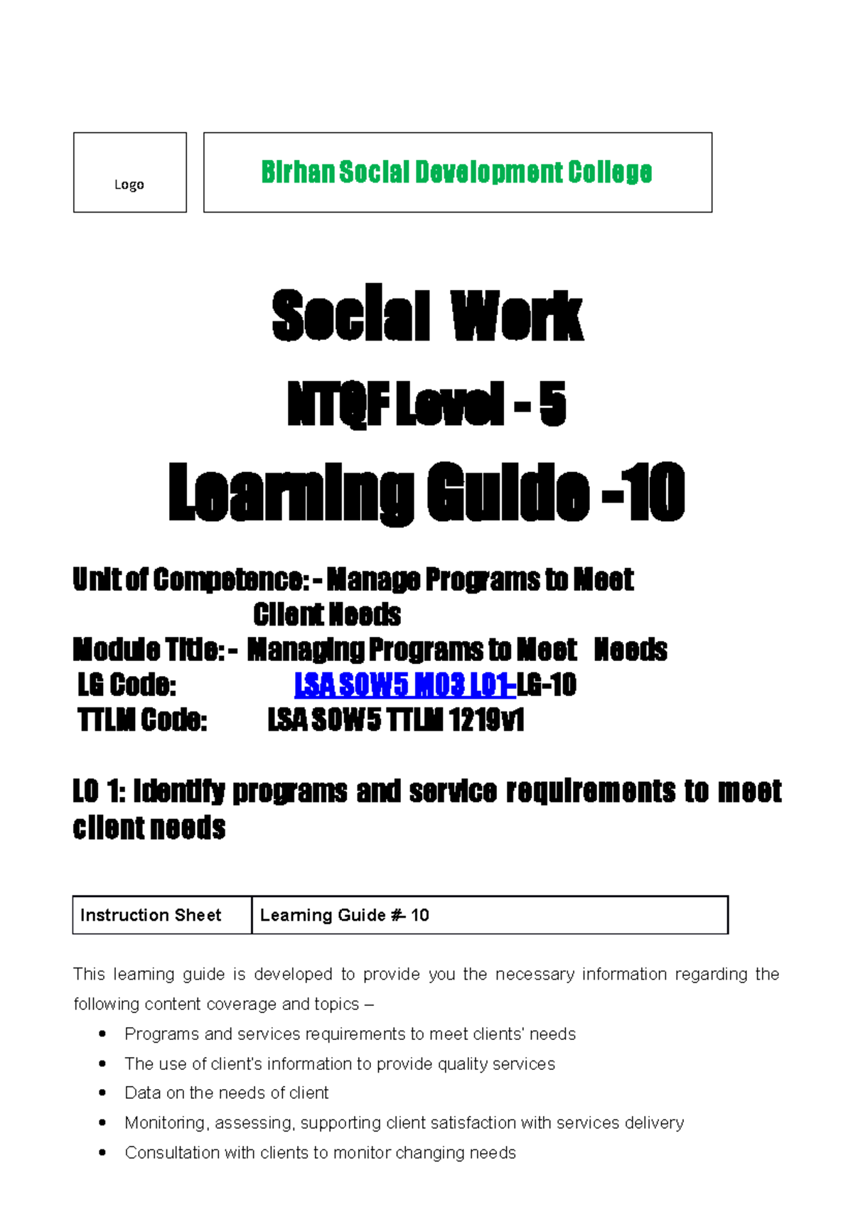 03 Learning Guides for Managing Programes to meet Clients need - Social ...