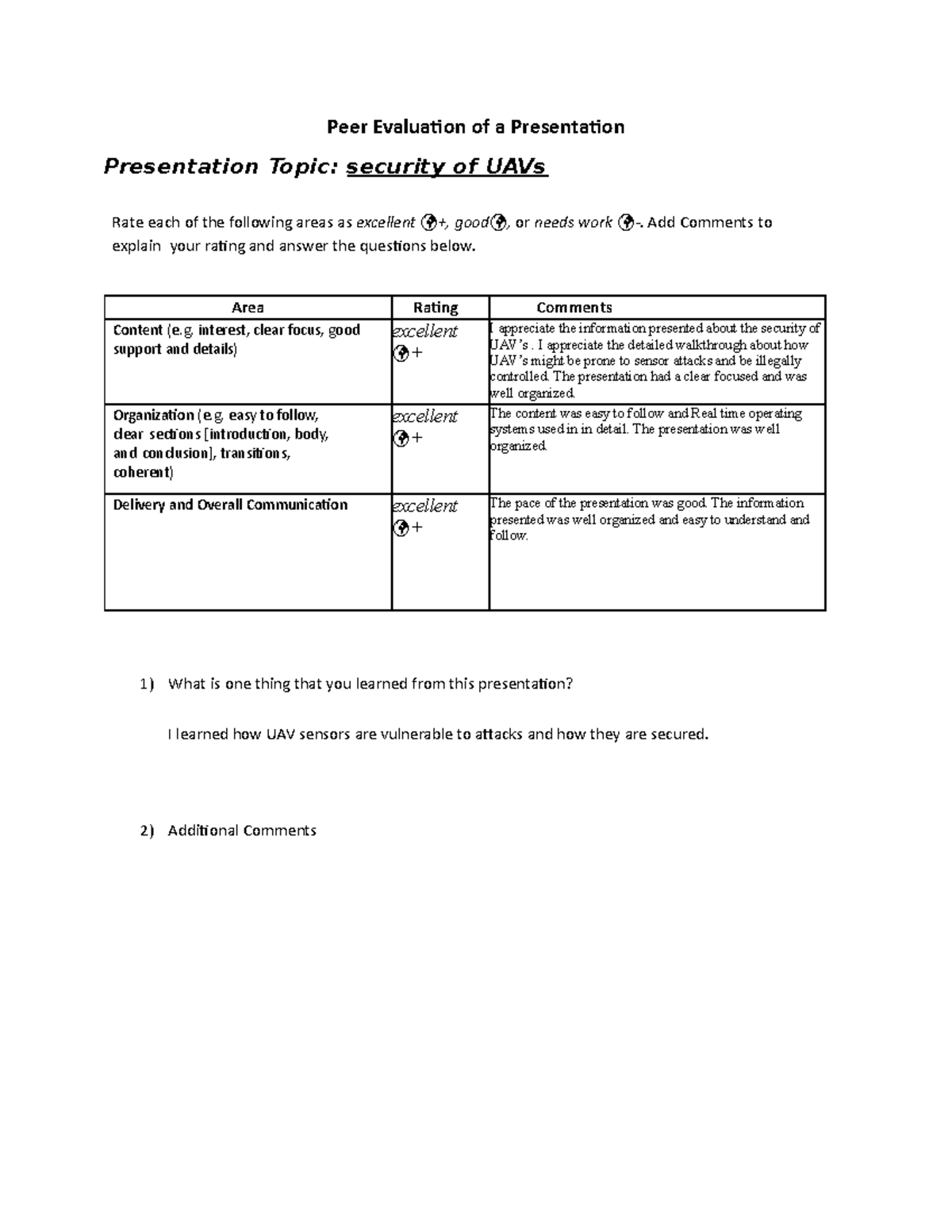 Peer Evaluation Form - Peer feedback assignment for presentations ...