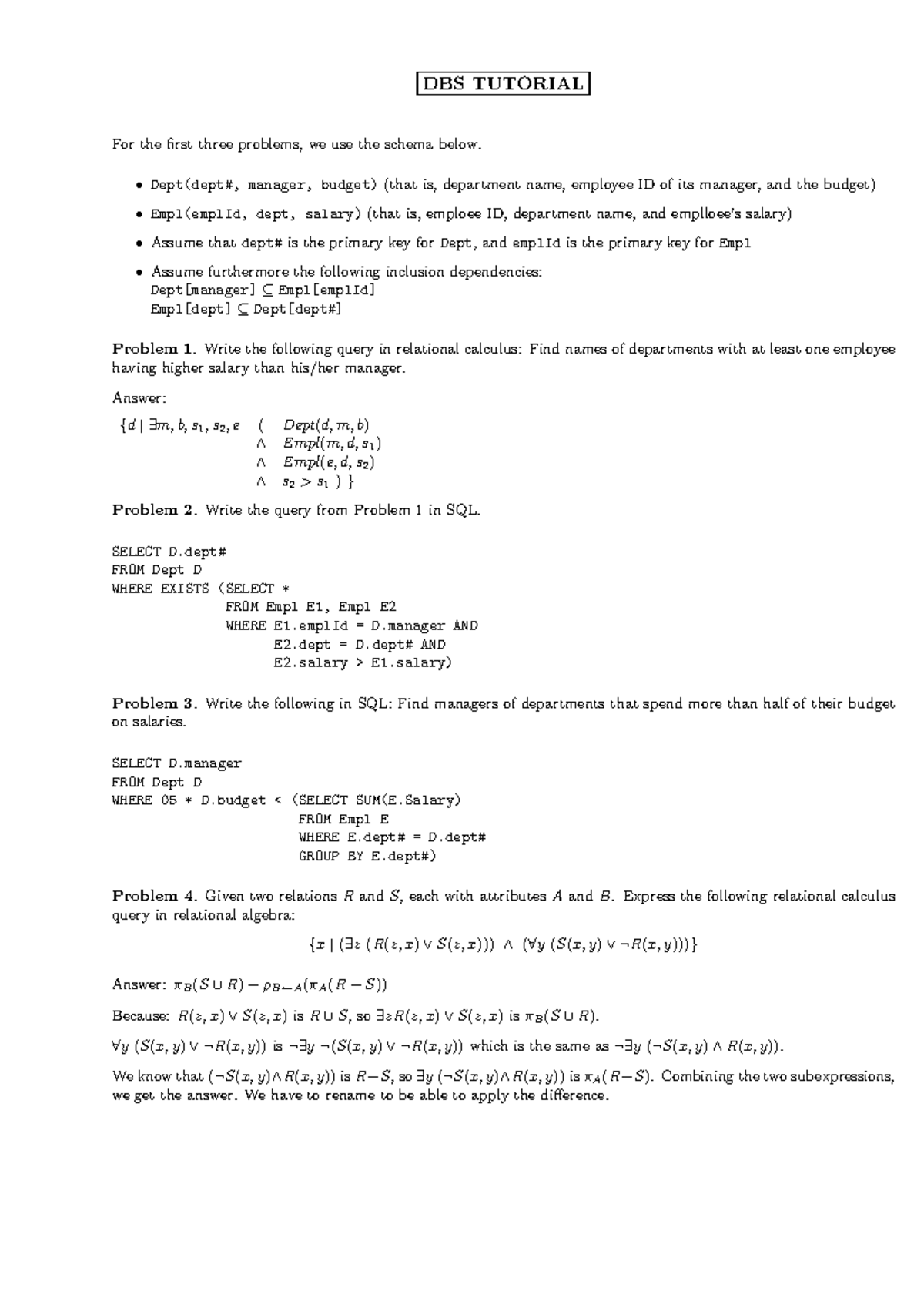 Sample/practice exam 2014, questions - DBS TUTORIAL For the first three ...