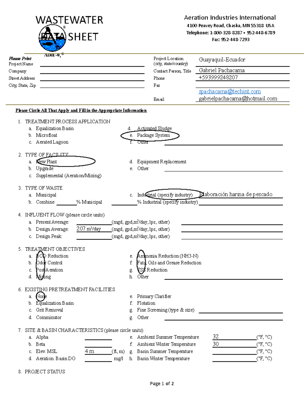 Wastewater Data Sheet - Apuntes Varios - WASTEWATER DATA SHEET Aeration ...
