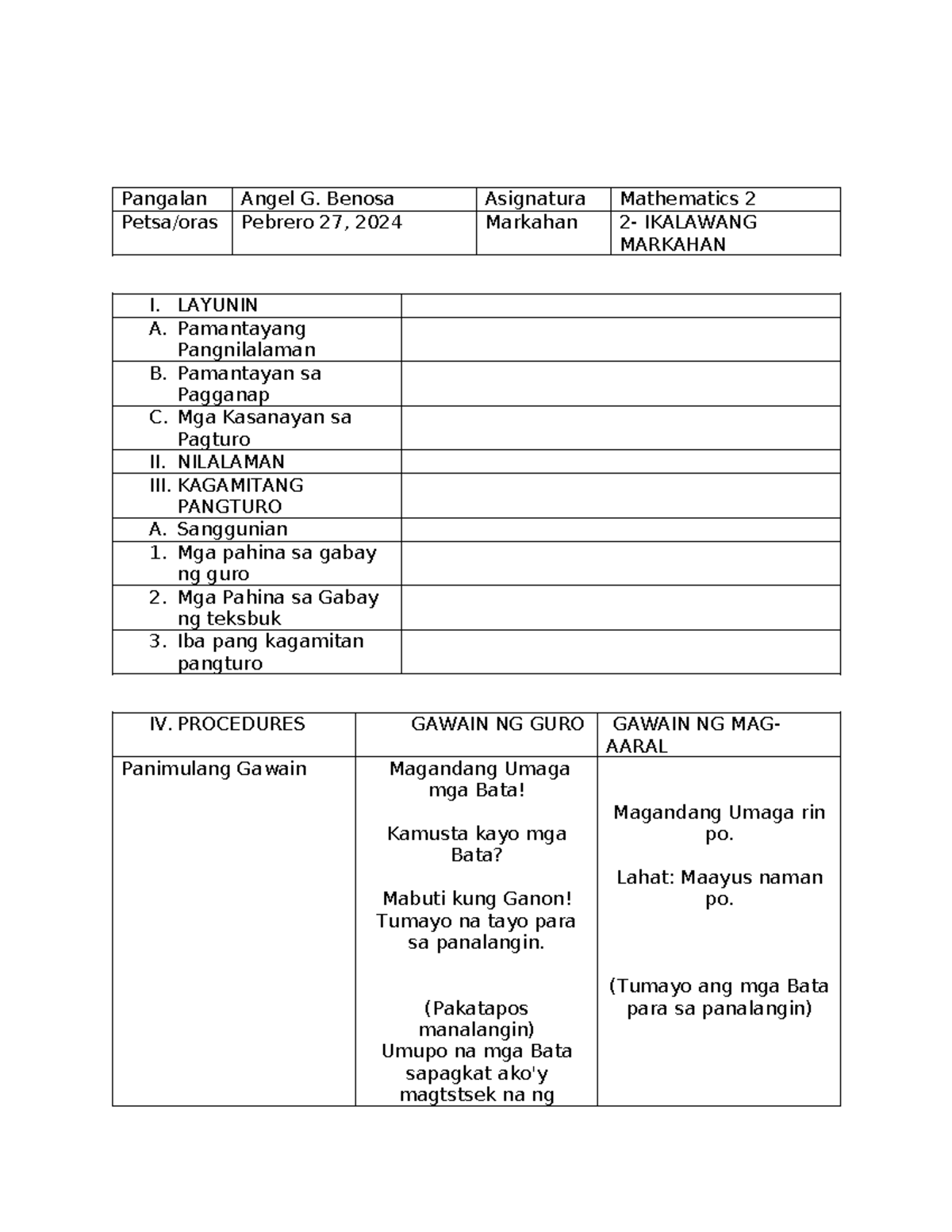 Detailed Lesson PLAN IN MATH 2 1 - Pangalan Angel G. Benosa Asignatura ...