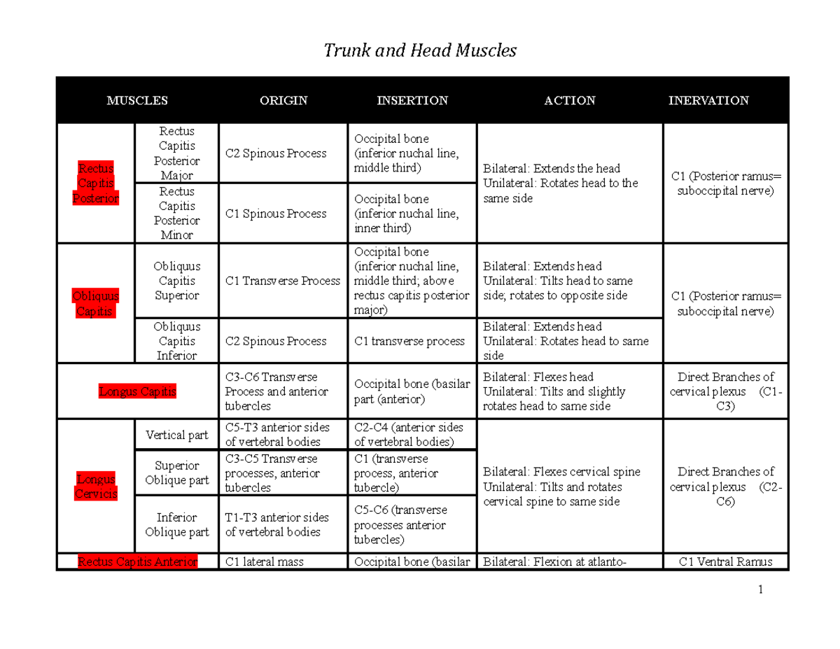 Back and Head Muscle Chart - MUSCLESORIGININSERTIONACTIONINERVATION ...