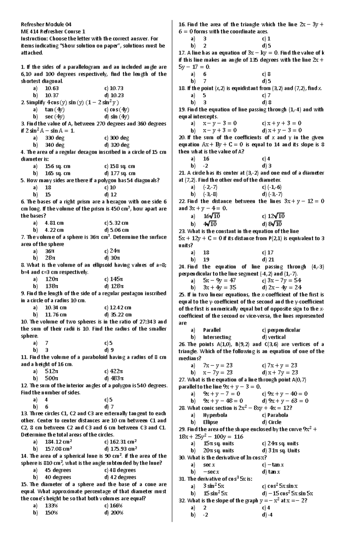 Refresher Practice problems - Refresher Module 04 ME 414 Refresher ...