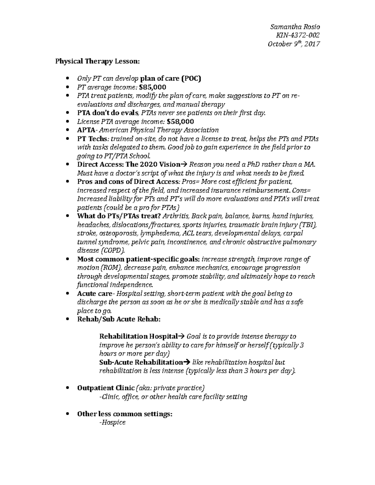 Physical Therapy Lesson - Samantha Rosio KIN-4372-002 October 9th, 2017 ...