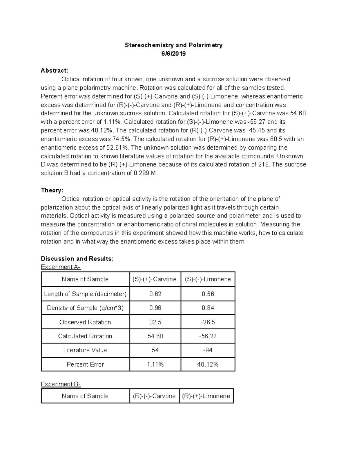 Organic Chemistry Lab 7 - Stereochemistry and Polarimetry 6/6/ Abstract ...