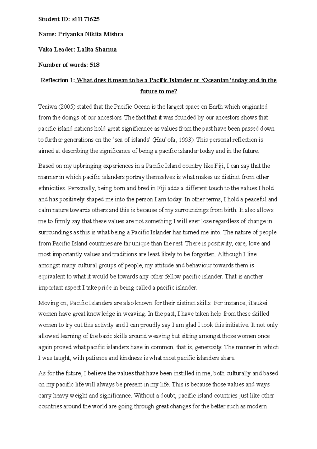 UU204 Reflection - Student ID: s Name: Priyanka Nikita Mishra Vaka ...