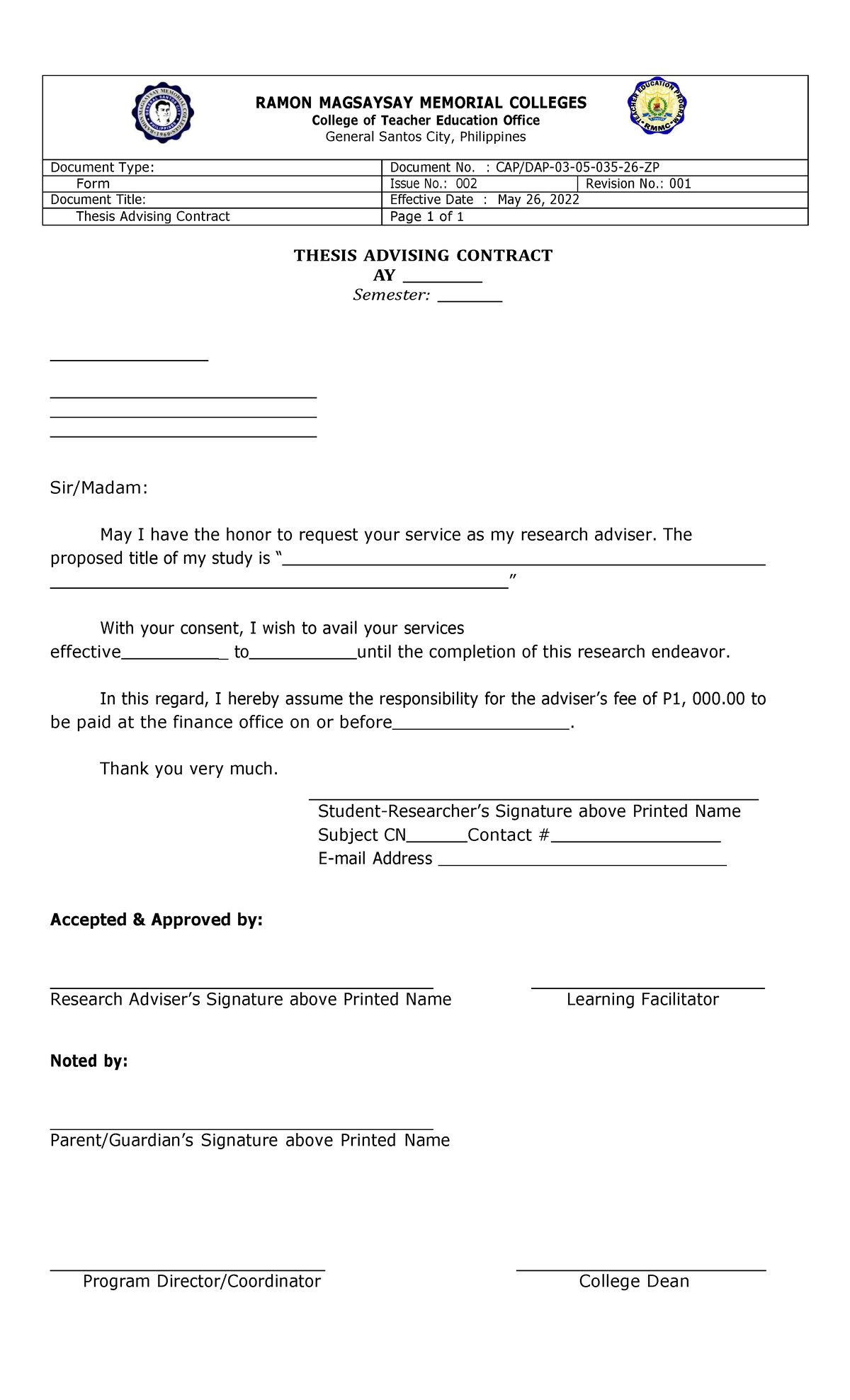 Thesis- Advising- Contract - RAMON MAGSAYSAY MEMORIAL COLLEGES College ...