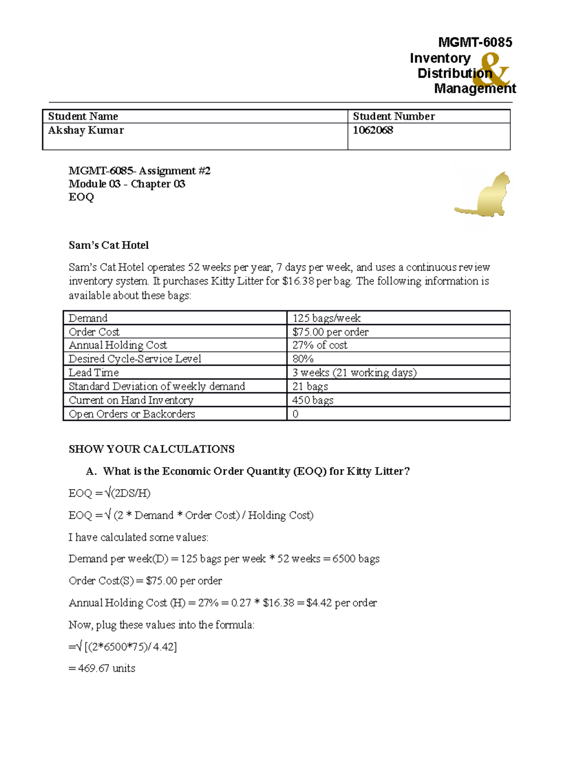 Updated MGMT-6085- Assignment #2 EOQ - Inventory Distribution ...