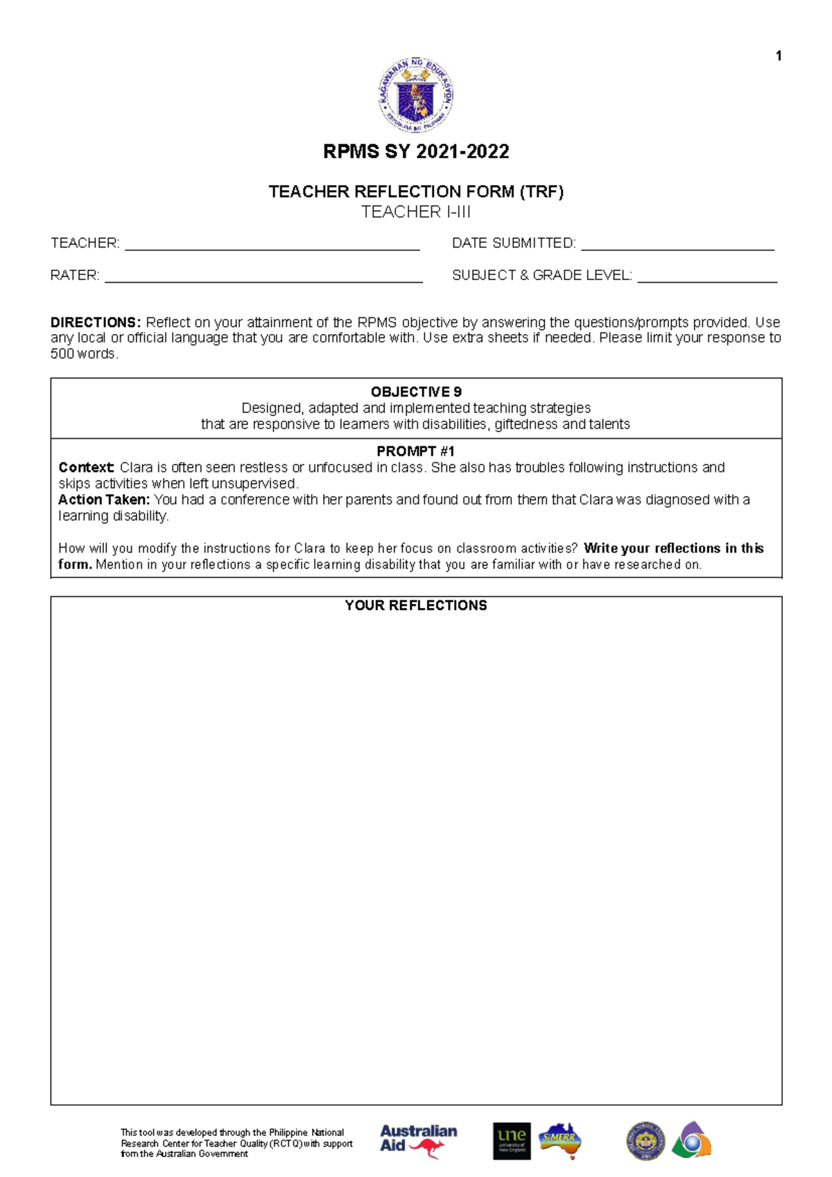 Appendix 4A Teacher Reflection Form for T I III for RPMS SY 2021 2022 ...