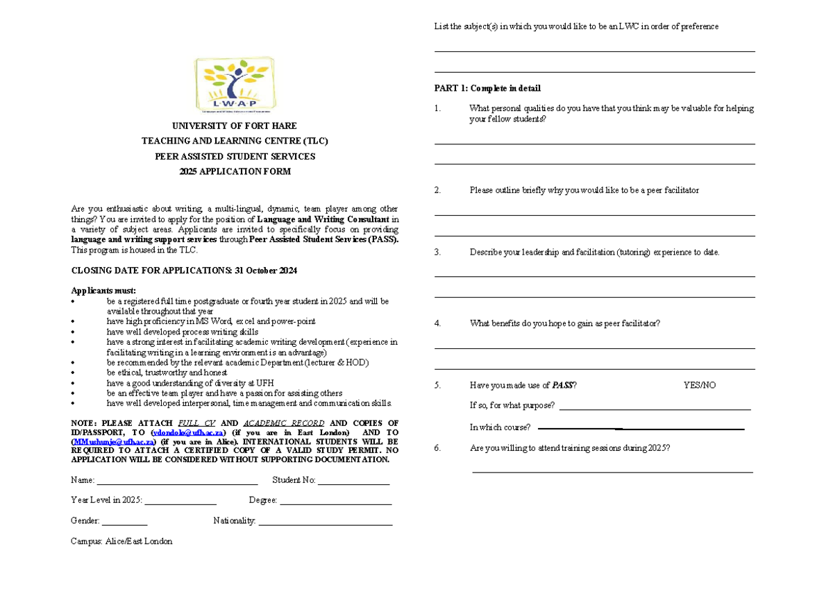 LWAP Application Form 2025 - UNIVERSITY OF FORT HARE TEACHING AND ...