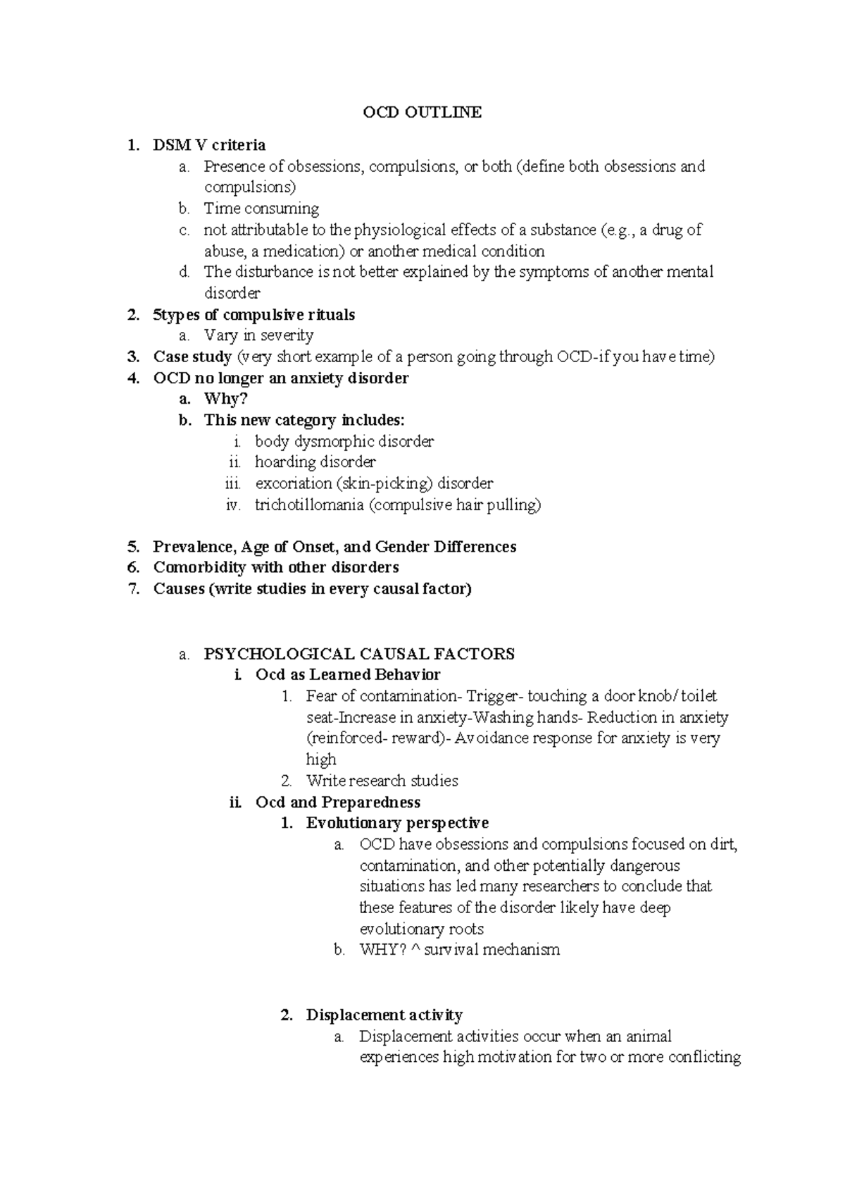 OCD Outline and answer - OCD OUTLINE DSM V criteria a. Presence of ...