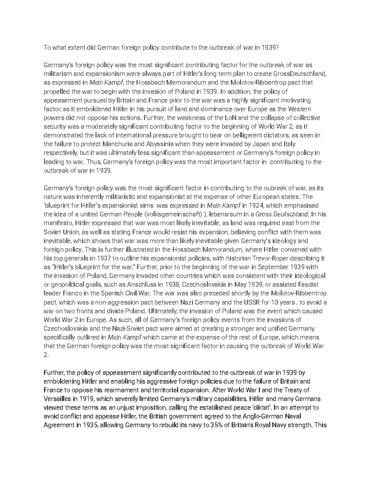 Cause of WW2 essay - Google Docs - To what extent did German foreign ...