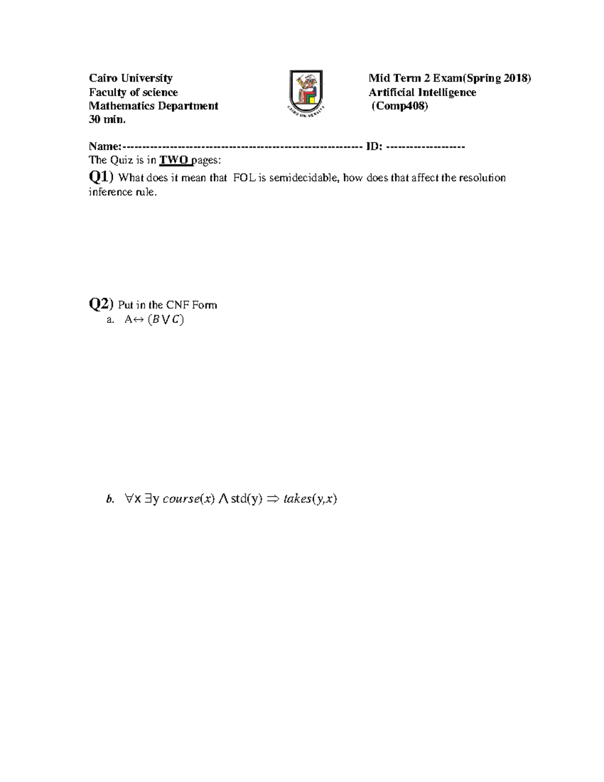 Mid Term 2 Exam(Spring 2018 ) - Cairo University Mid Term 2 Exam(Spring ...