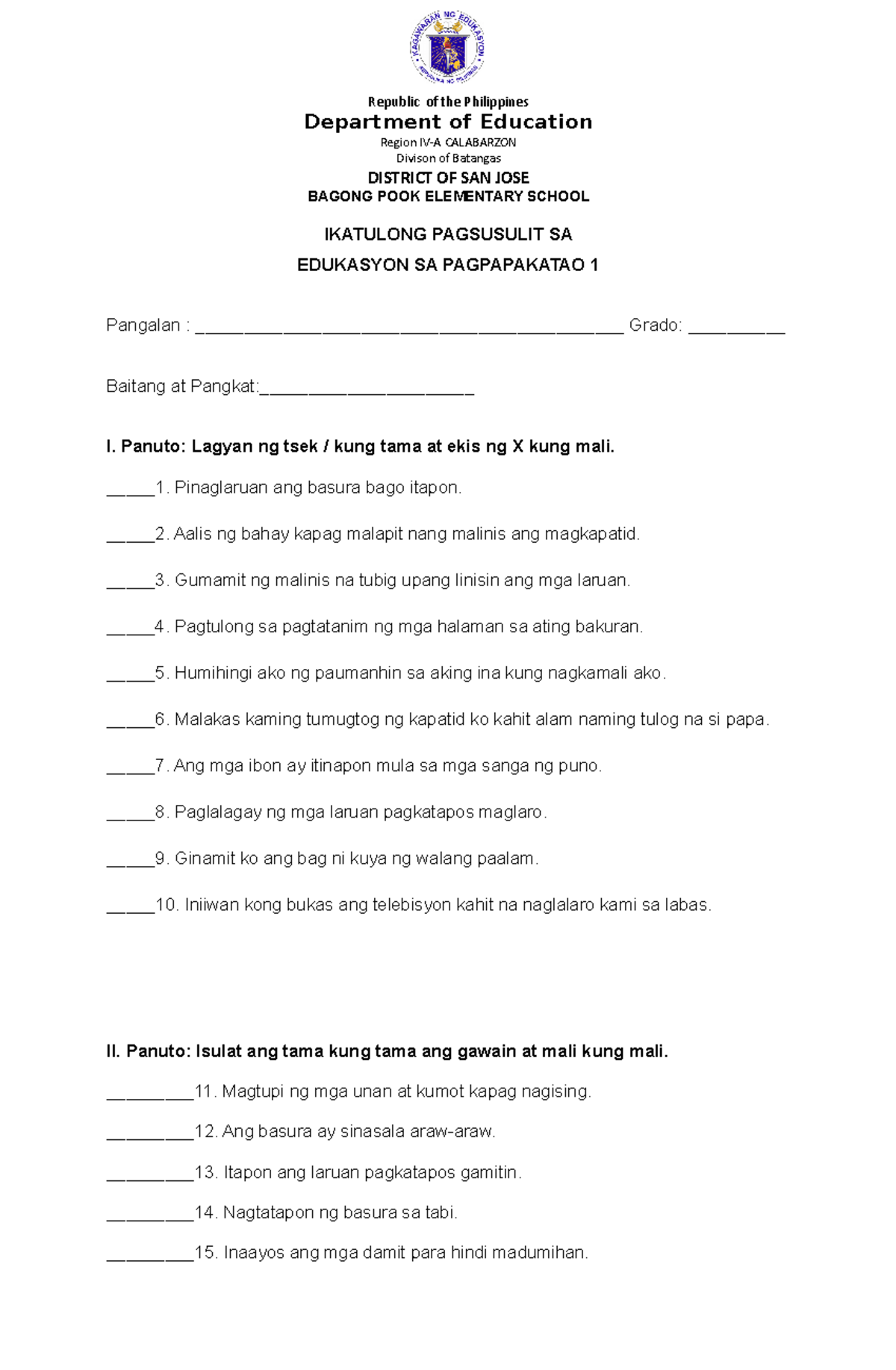 ESP Third Periodical TEST - Department of Education Region IV-A ...