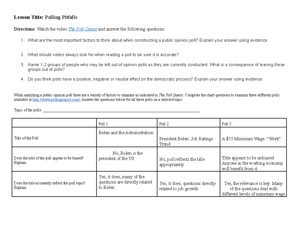 Polling-Pitfalls Assignmetn with Chart - Lesson Title: Polling Pitfalls ...