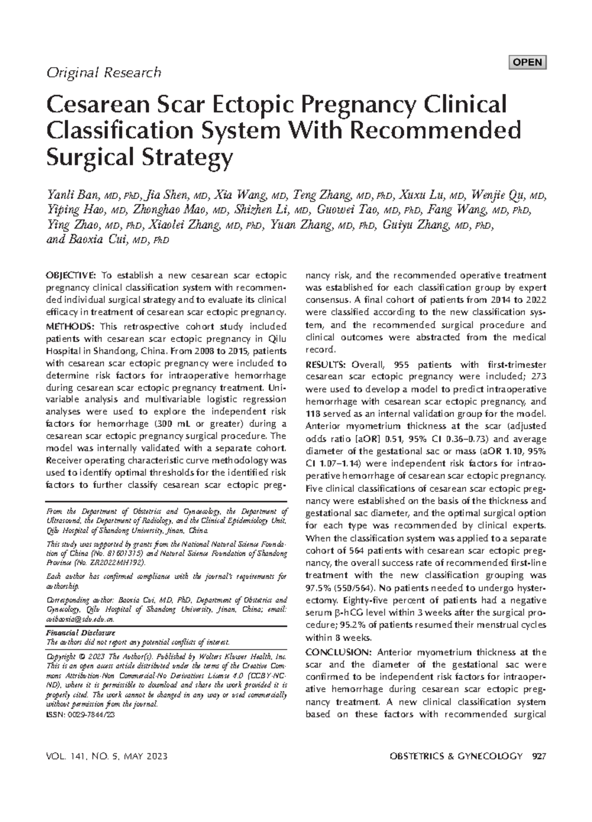 Cesarean Scar Ectopic Pregnancy Clinical Classification Original