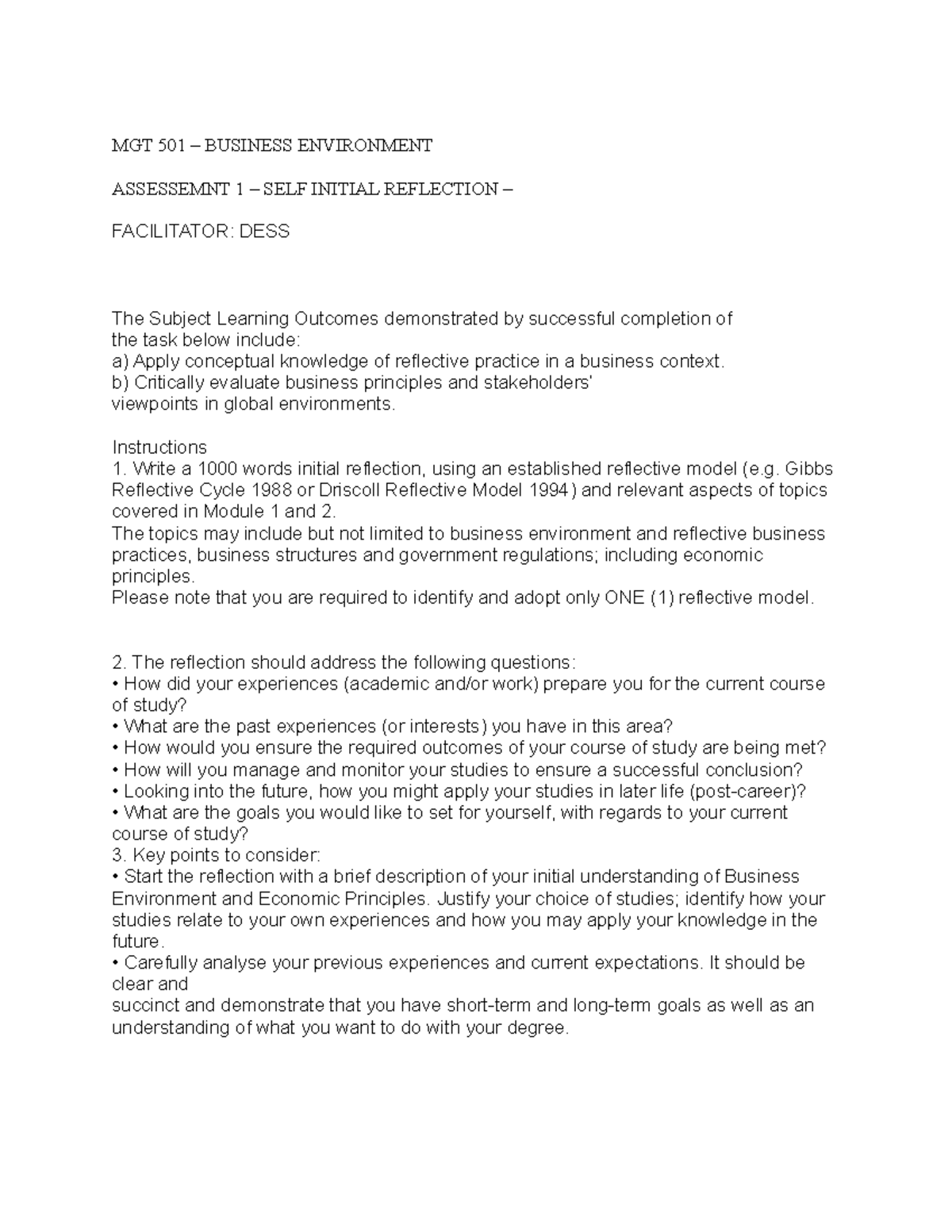 MGT501 SELF Reflection Assesment - MGT 501 – BUSINESS ENVIRONMENT ...