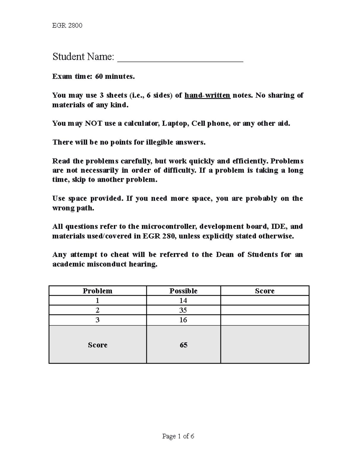 Exam1 Solution - Student Name: ________________________ Exam time: 60 ...