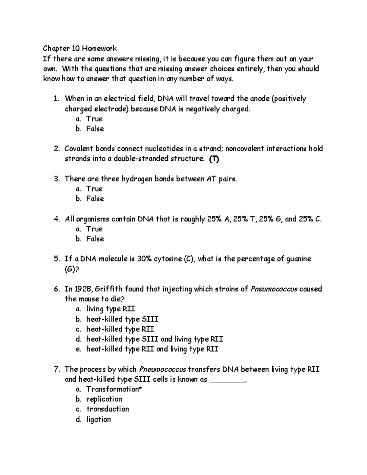 Bio 3709 Chapter 10 DNA Structure Homework Sp18 - Chapter 10 Homework ...