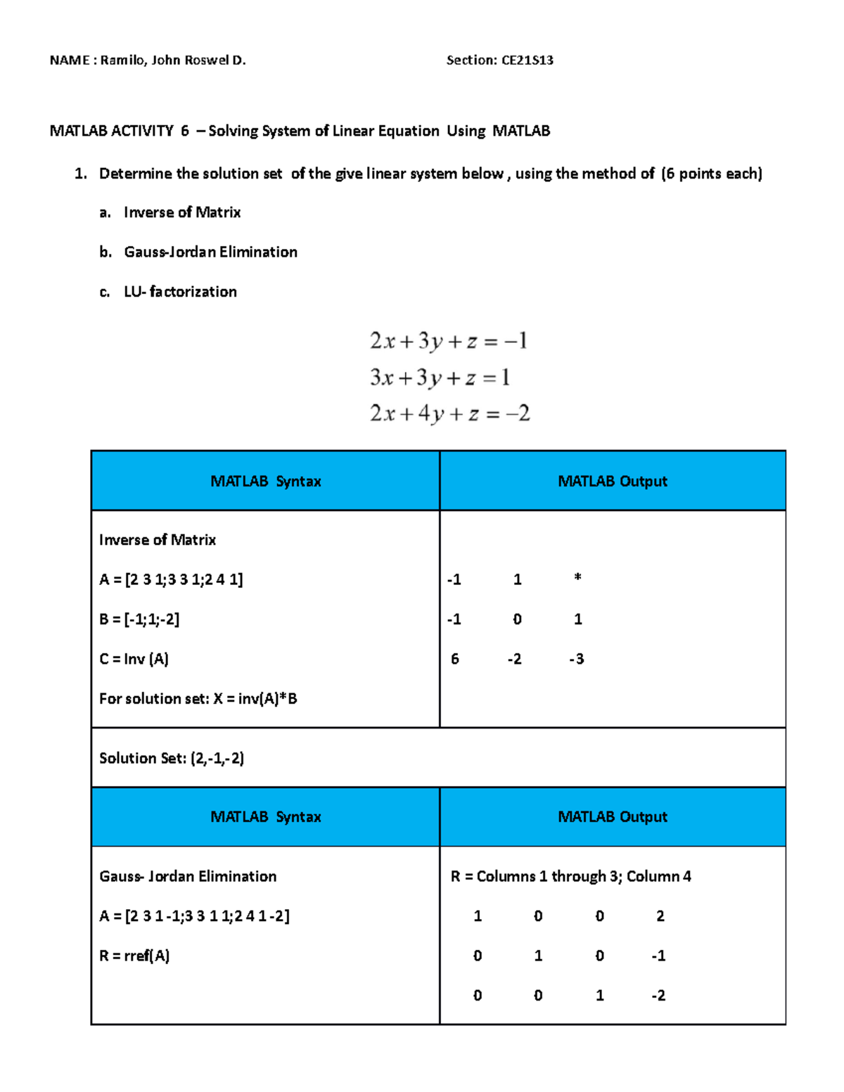 Matlab Activity 6 Ramilo Name Ramilo John Roswel D Section Ce21s Matlab Activity 6 