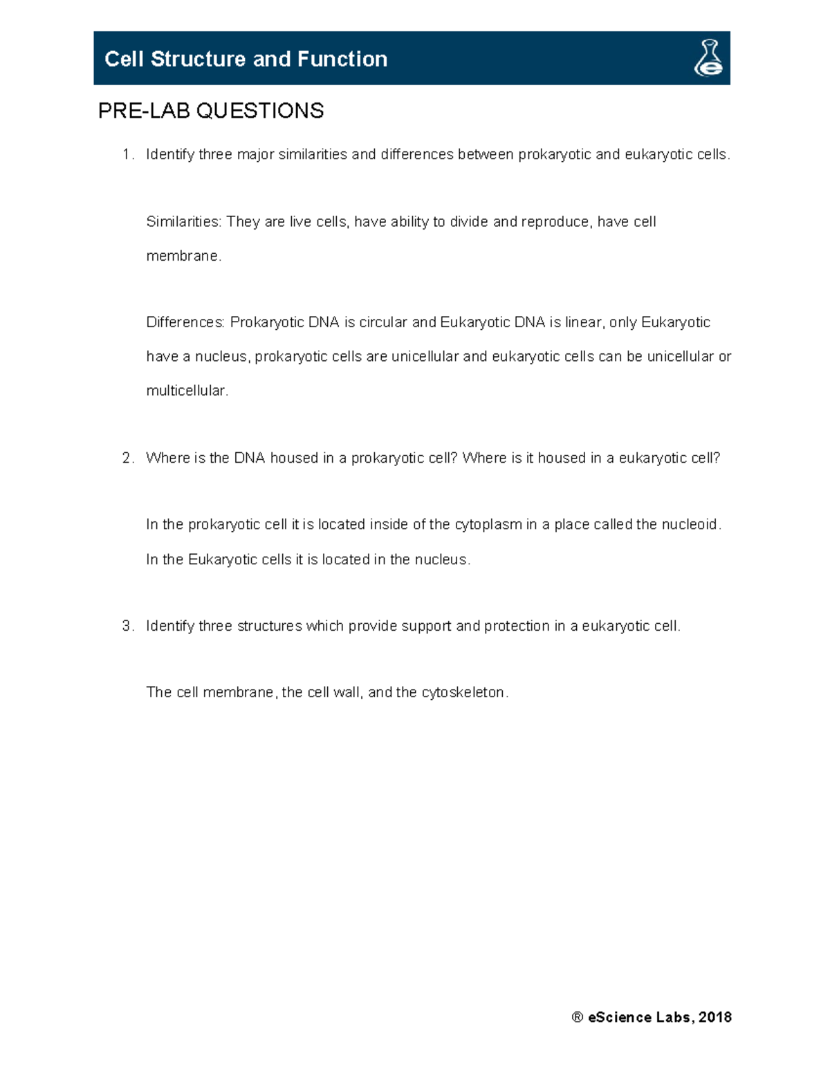 Lab Worksheet- Cell Structure - PRE-LAB QUESTIONS Identify three major similarities and ...