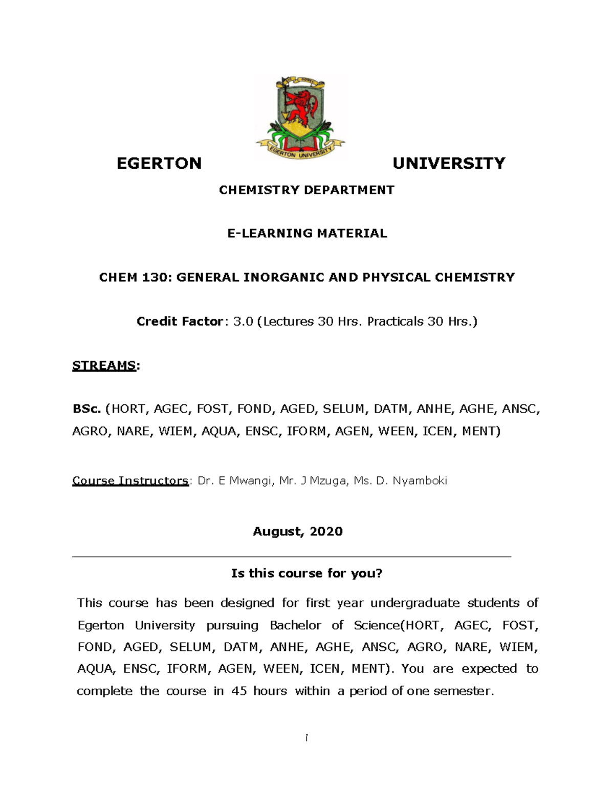 CHEM 111 E-learning material - i EGERTON UNIVERSITY CHEMISTRY DEPARTMENT E-LEARNING MATERIAL ...