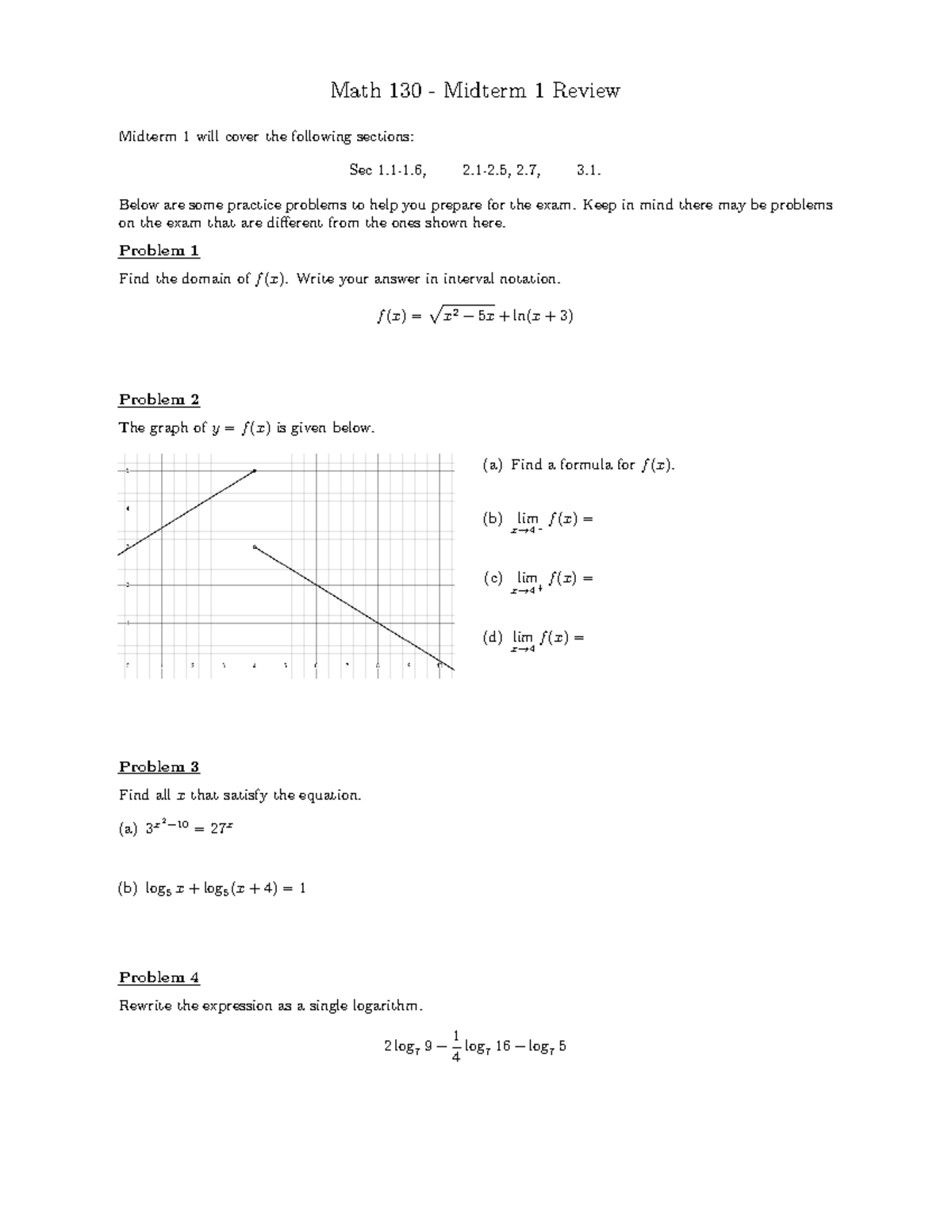 Midterm 1 Review - Business Calc practice study guide - Math 130 ...