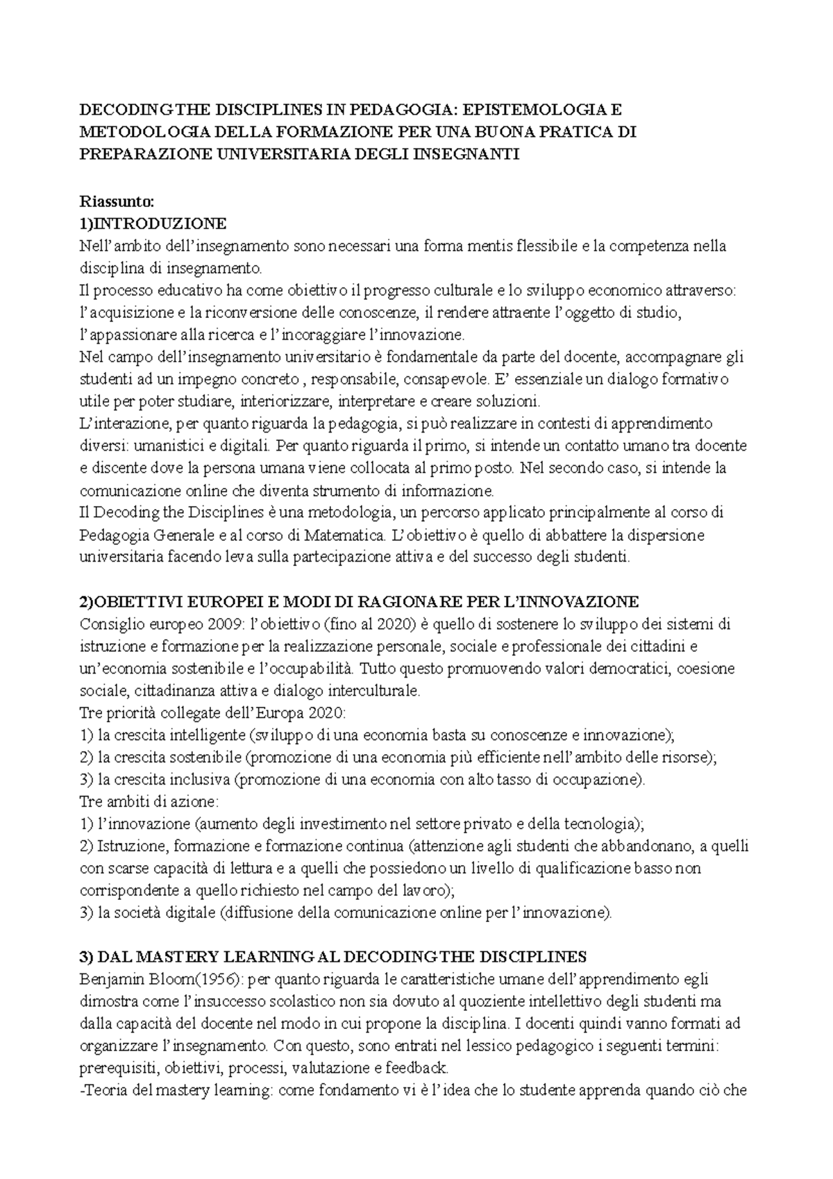 Decoding the disciplines - Riassunto - DECODING THE DISCIPLINES IN ...