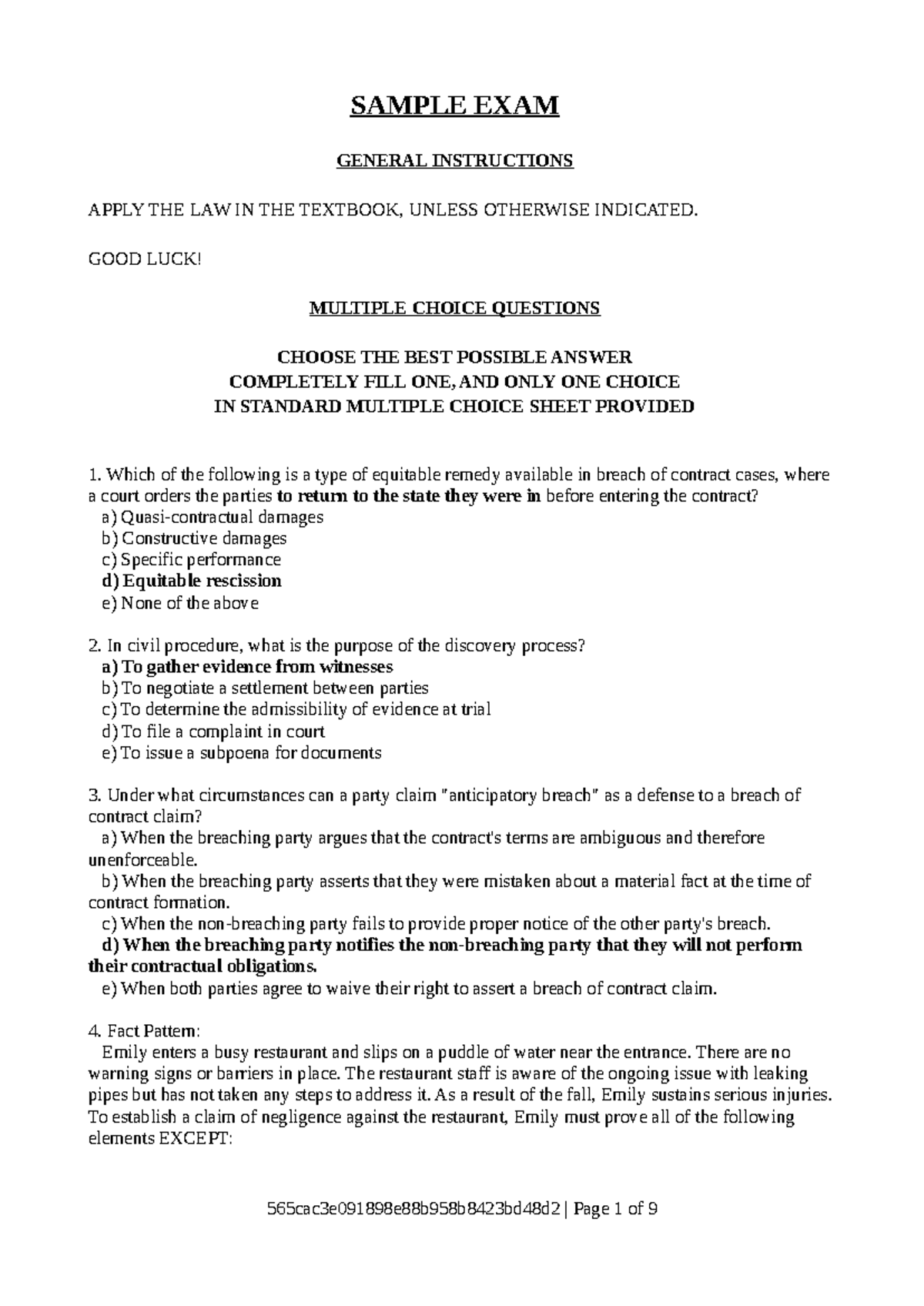 Sample EXAM - good luck - SAMPLE EXAM GENERAL INSTRUCTIONS APPLY THE ...