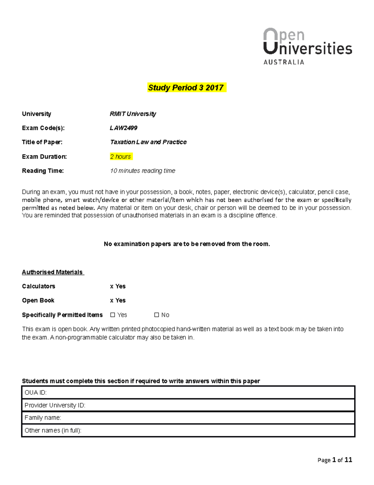 Exam Session 3 2017 - Study Period 3 2017 University RMIT University ...