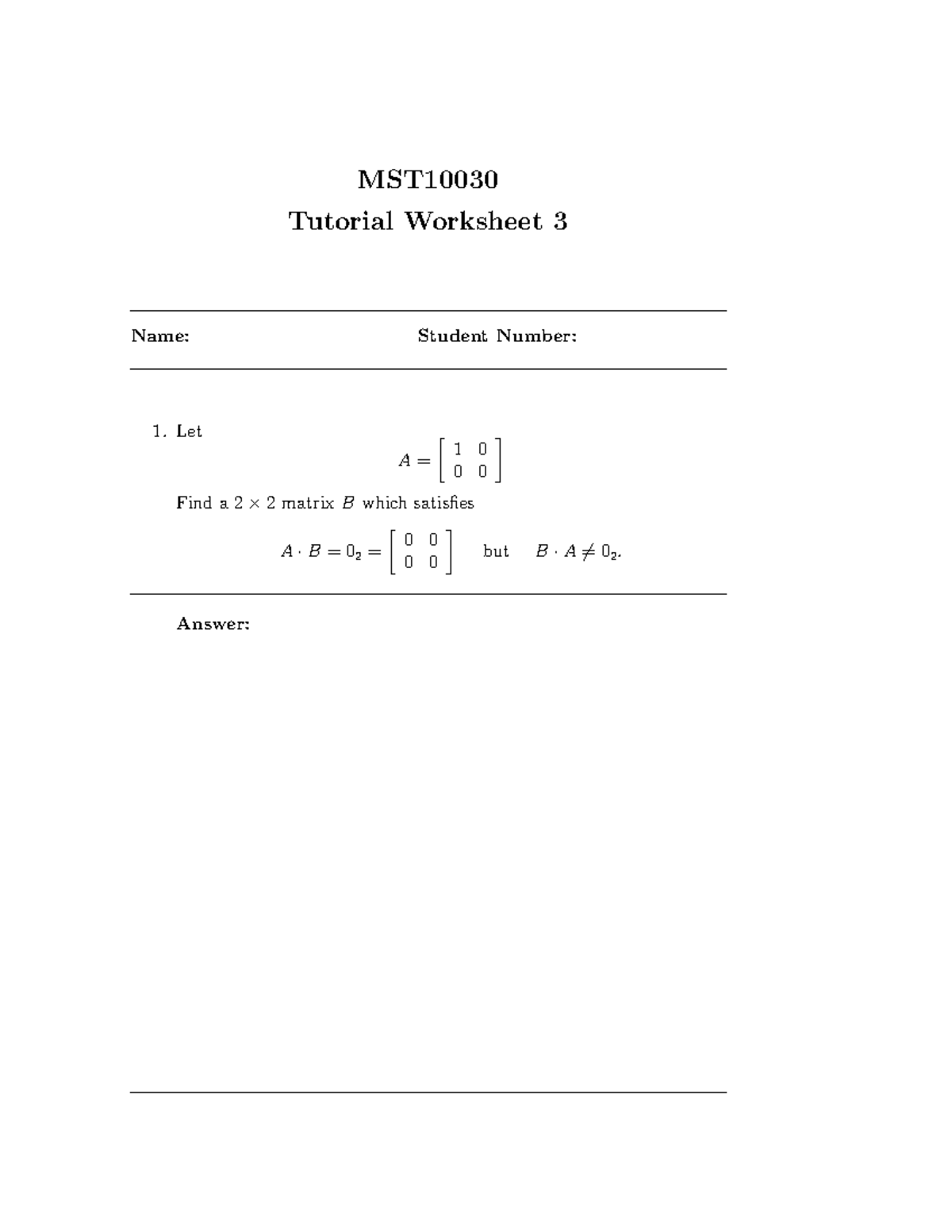 Introduction to Linear Algebra - Tutorial 3 - MST Tutorial Worksheet 3 ...
