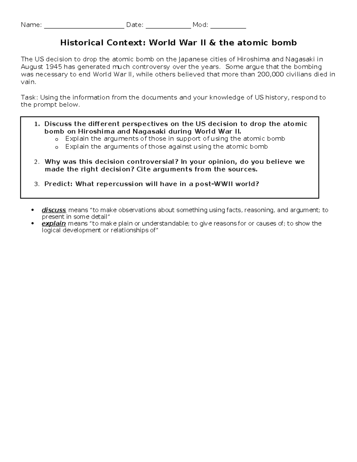 Historical Context World War II the atomic bomb - Name ...