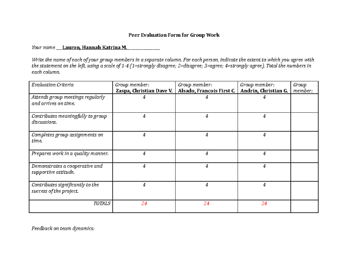 Peer Eval-Group Work-form - Peer Evaluation Form for Group Work Your ...