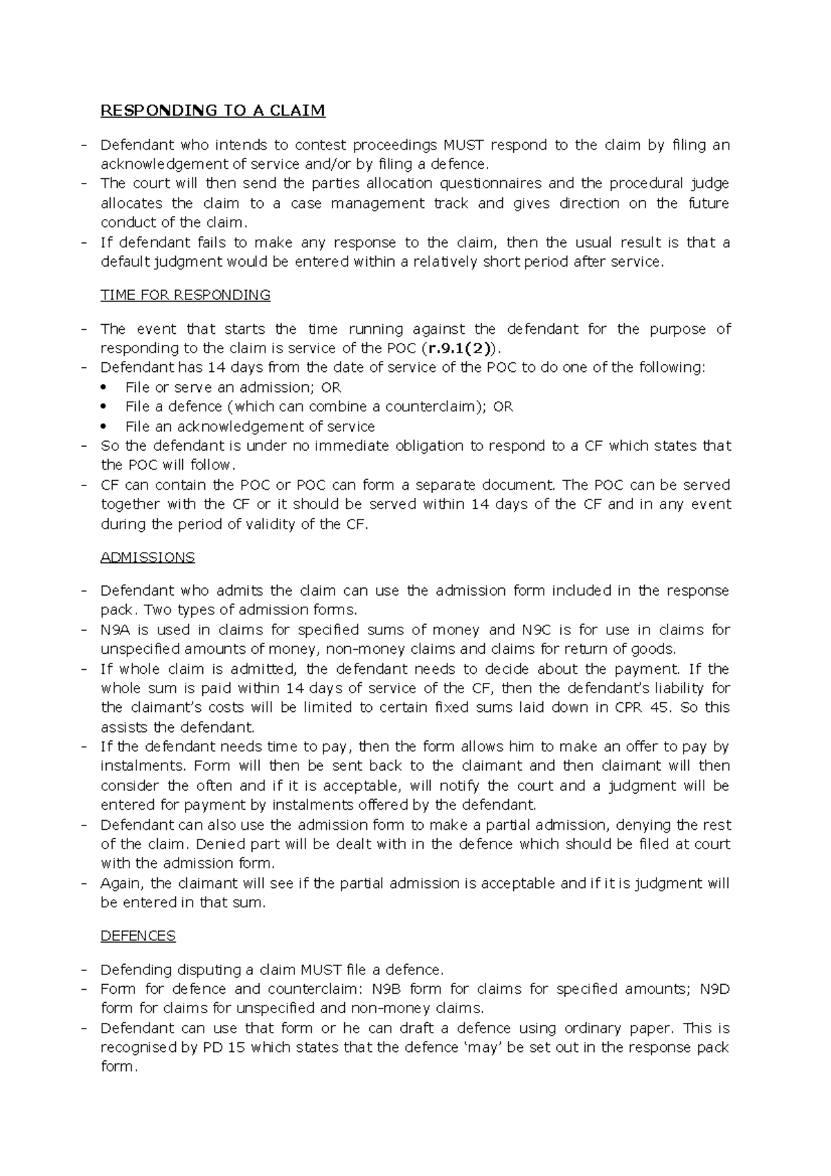 Responding TO A Claim - Lecture notes 12 - RESPONDING TO A CLAIM ...